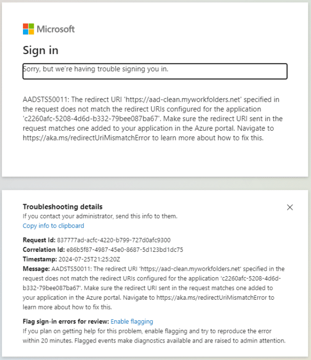 Microsoft Entra Id Signin Error The Redirect Uri Specified Does Not Match Myworkdrive